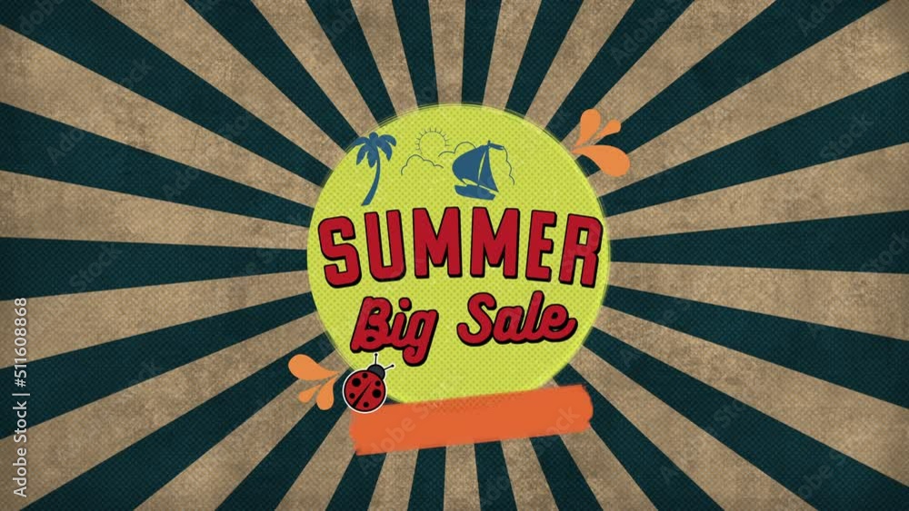 Summer Big Sale with yacht and palms trees on sun rays patten, motion ...