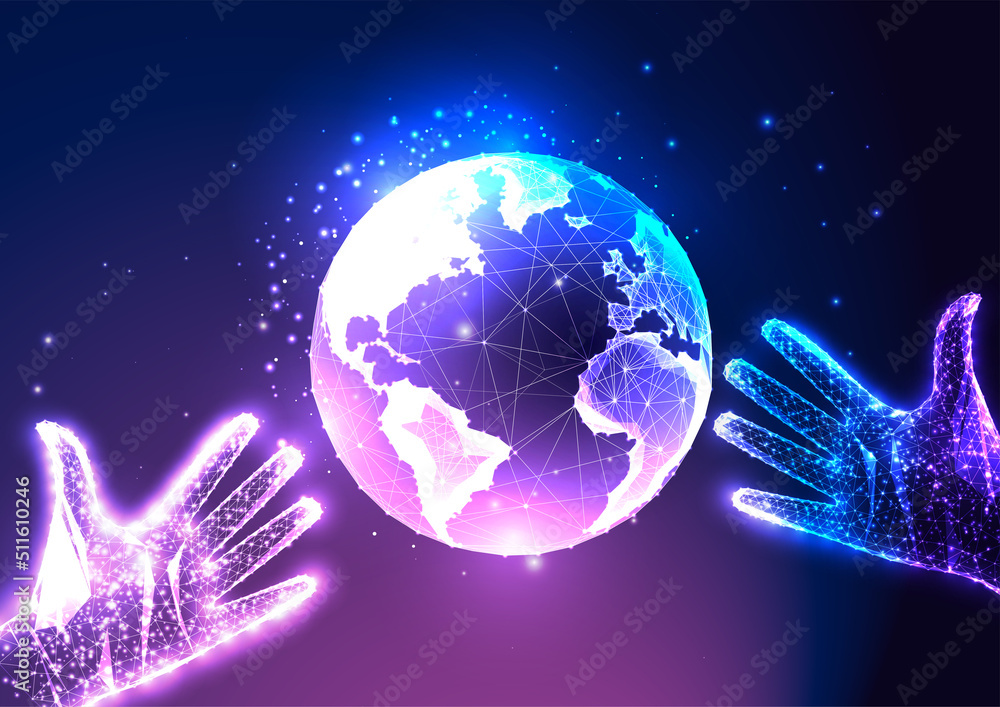 Concept of metaverse world with hands and planet earth globe in ...