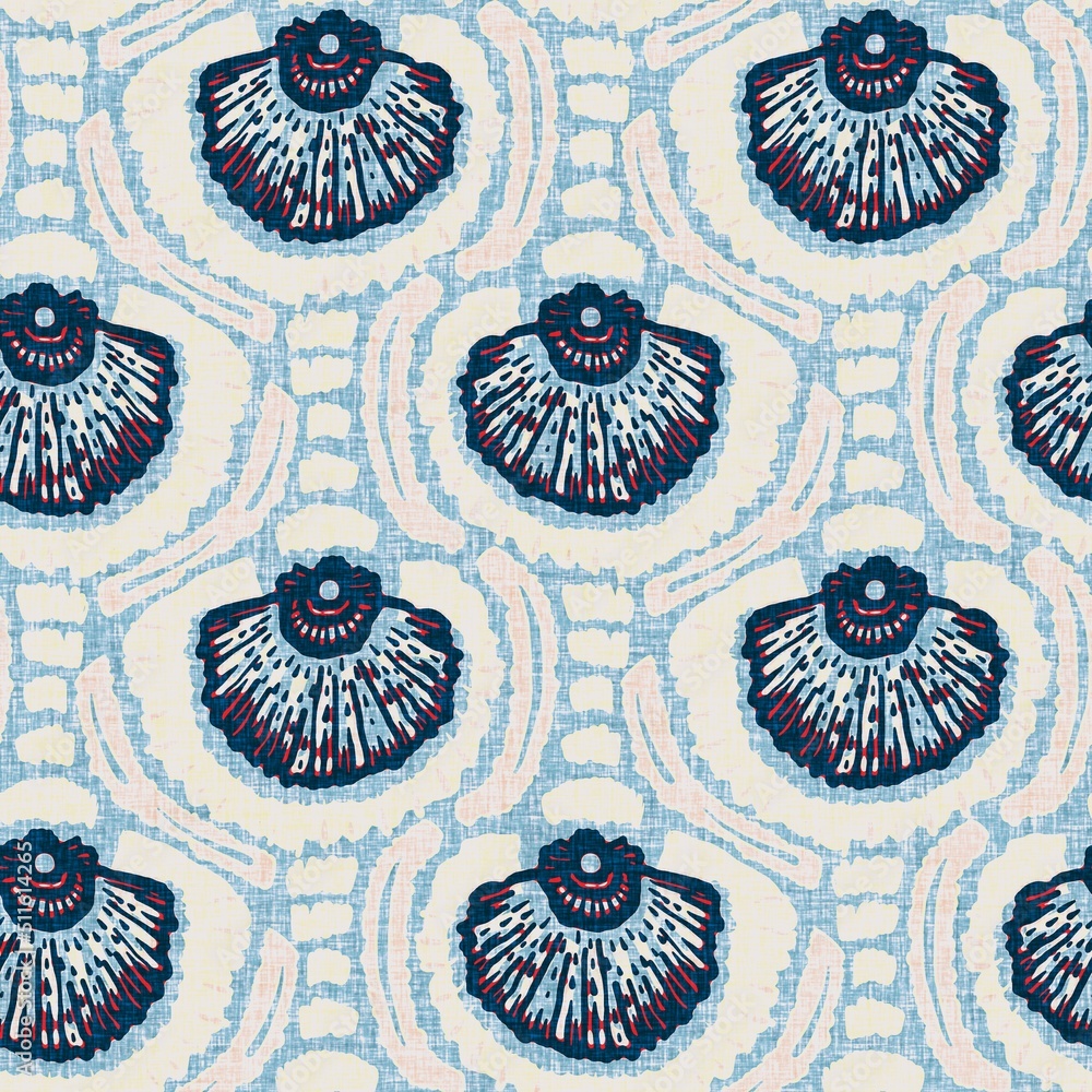 Indigo Blue Seashell nautical seamless pattern. Modern marine shell ...