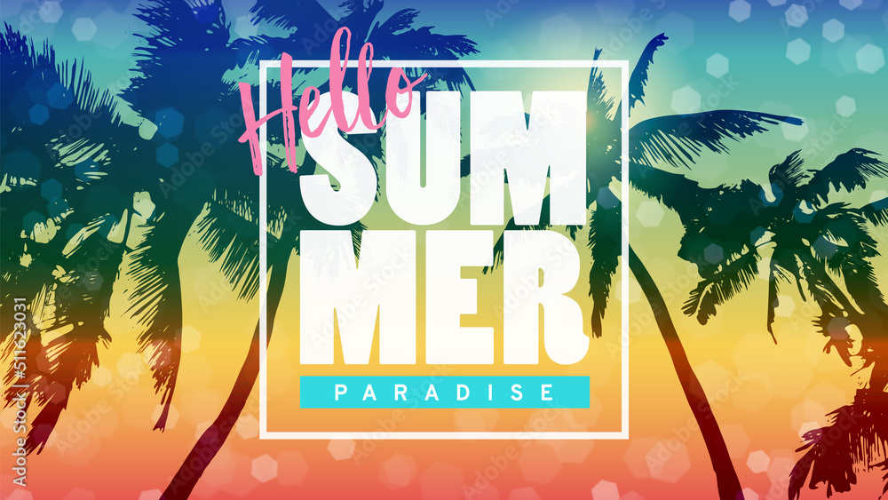 Hello summer paradise background with palm trees and sunset sky. Summer ...