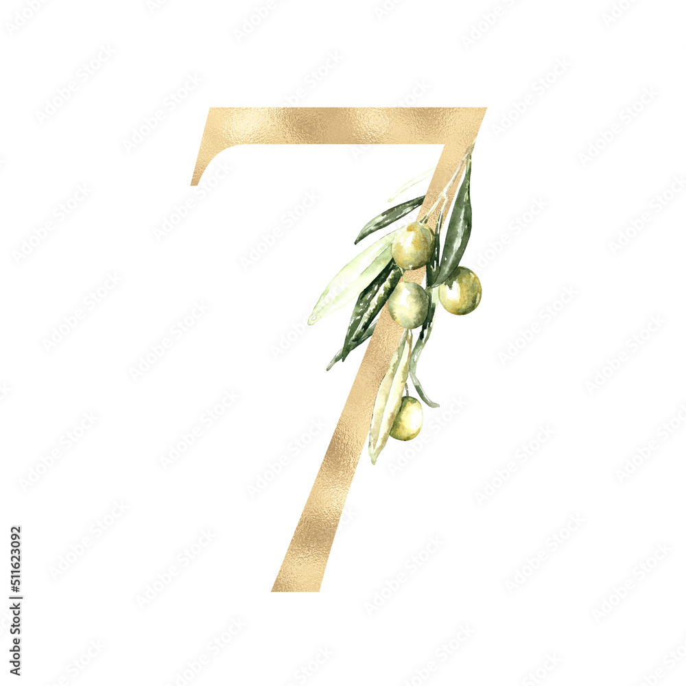 Watercolor Gold Olive Floral Number digit 7, with flower bouquet ...