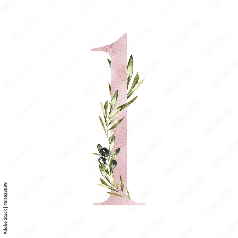 Watercolor Rose Gold Olive Floral Number digit 1, with flower bouquet ...