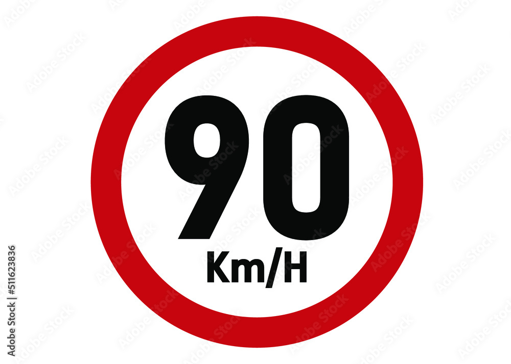 Vettoriale Stock Maximum speed limit sign 90km/h. Road sign board in red isolated on white ...