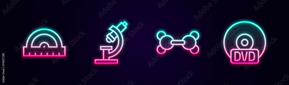 Set line Protractor grid, Microscope, Molecule and CD DVD disk. Glowing ...