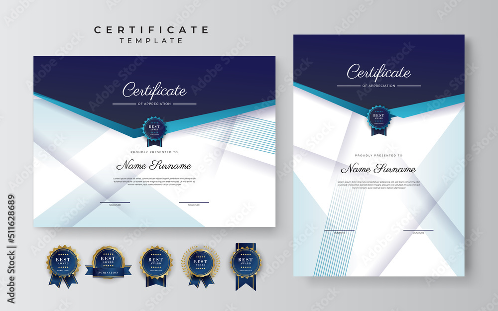Modern blue certificate of achievement award template with badge and ...