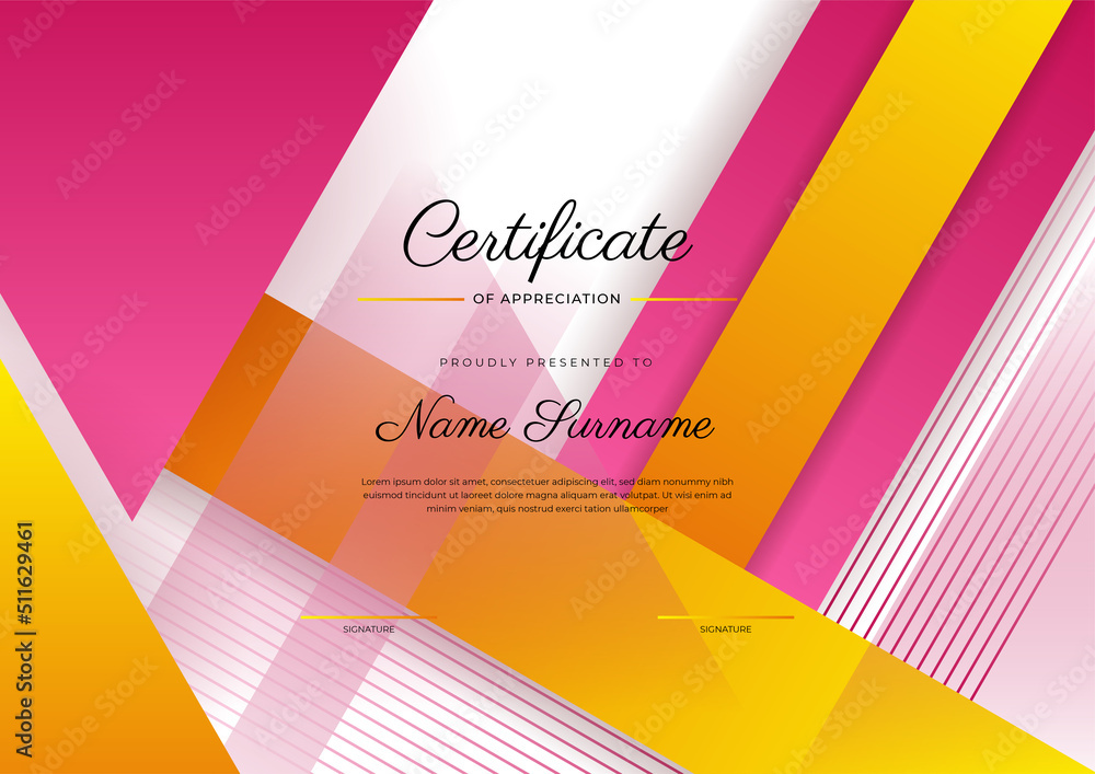Modern pink and orange yellow certificate of achievement award template ...