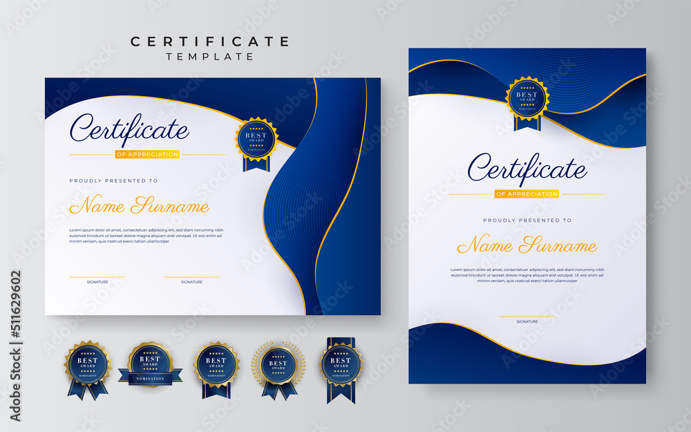 Modern blue and gold certificate of achievement award template with ...