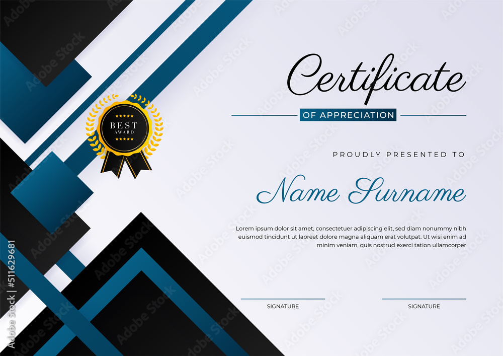 Modern blue and black certificate of achievement award template with ...