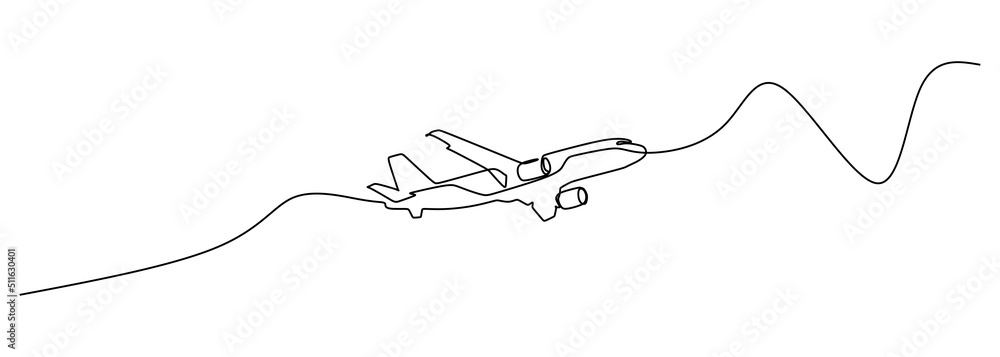 Single line drawing : commercial airplane takeoff and climb. Takeoff is ...