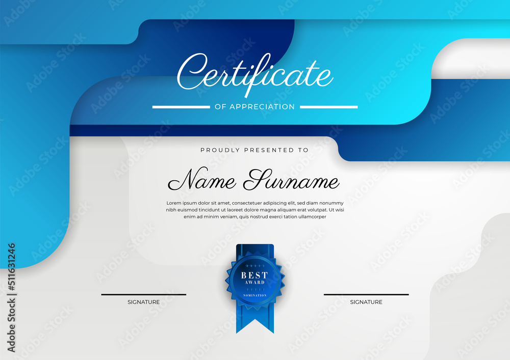 Modern blue certificate of achievement award template with badge and ...
