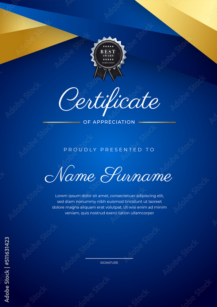 Modern blue certificate of achievement award template with badge and ...