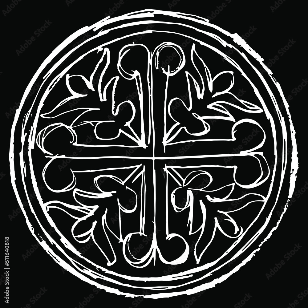 Round medieval mandala with heraldic motifs. Cross and four branches in ...