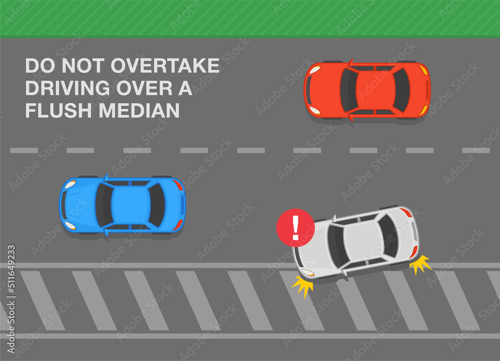 Safe car driving and traffic regulation rules. Do not overtake driving ...