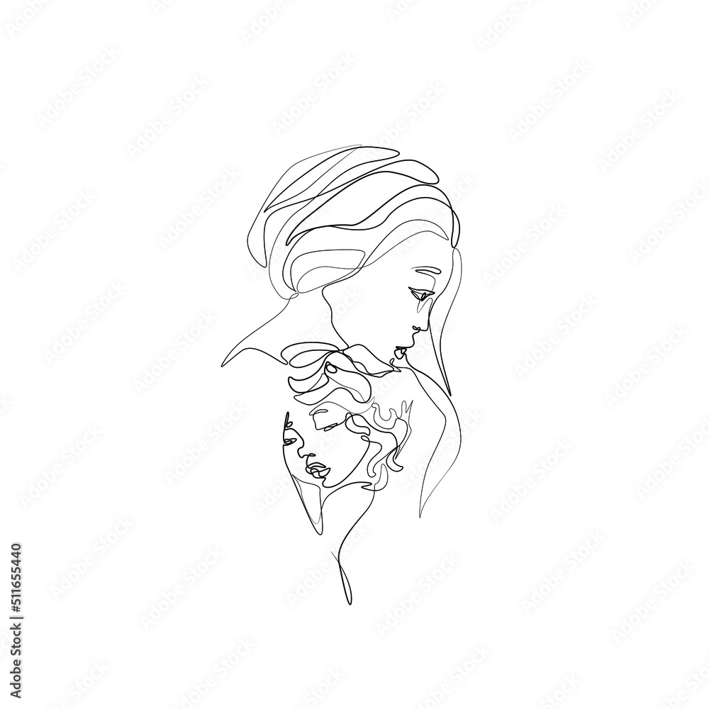 Mom And Daughter Continuous Line Drawing Print For Clothes And Logo
