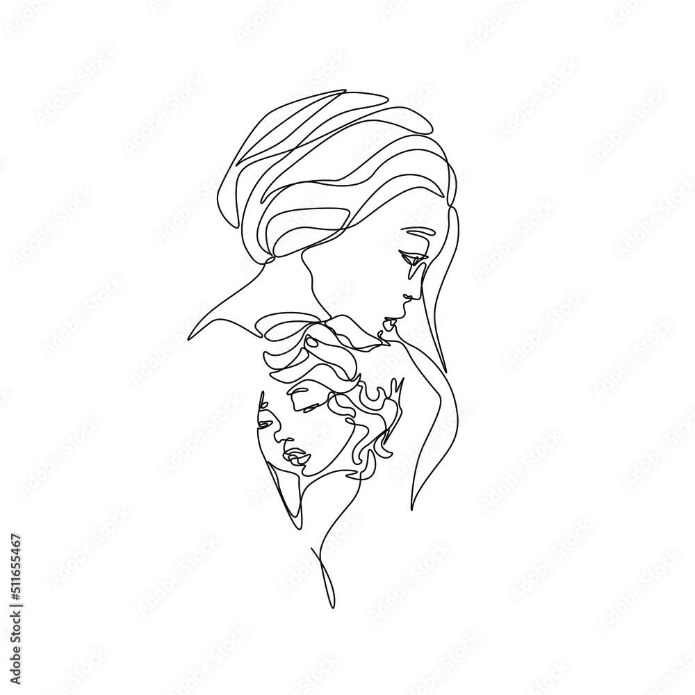 Mom and daughter, abstract silhouette, continuous line drawing, small tattoo, print for clothes ...