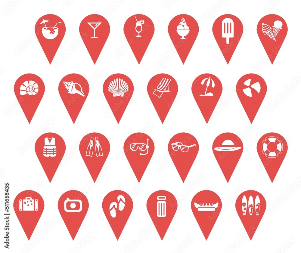 Large set of red map pin icons. Modern map markers with image summer ...