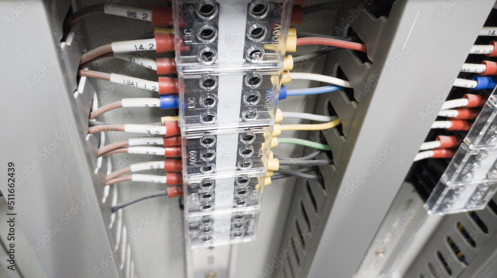 Wires in the terminal box. Electrical wiring in the device. Stock Photo ...