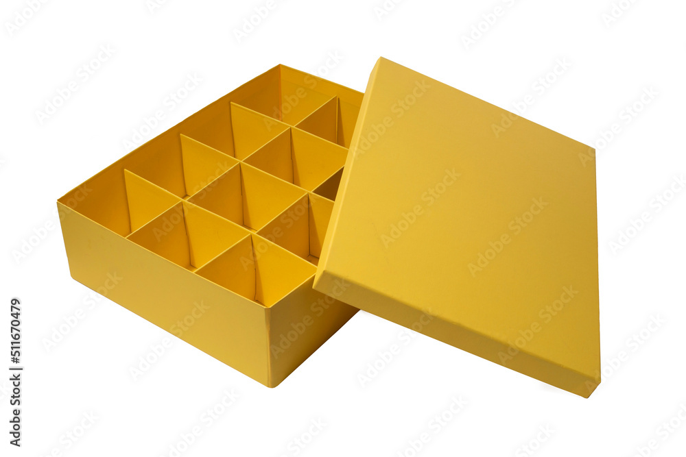 Yellow open empty box with interior separators dividers isolated on ...