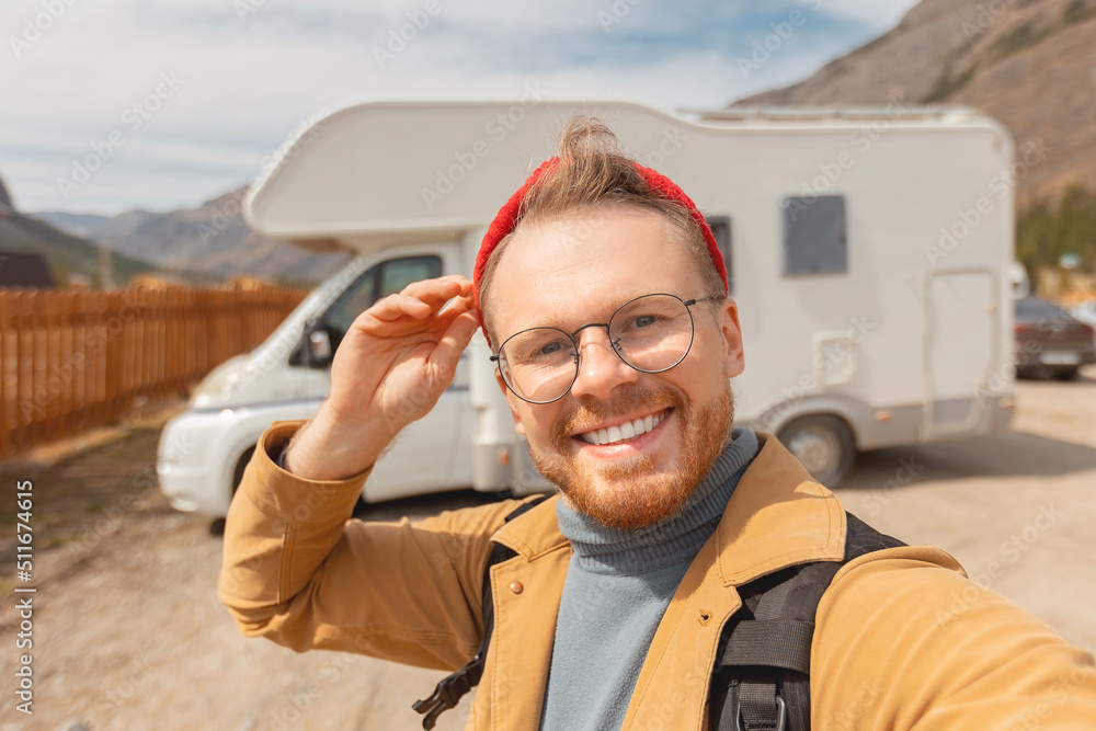 Concept vanlife lifestyle adventure, vacation van. Young man hipster ...