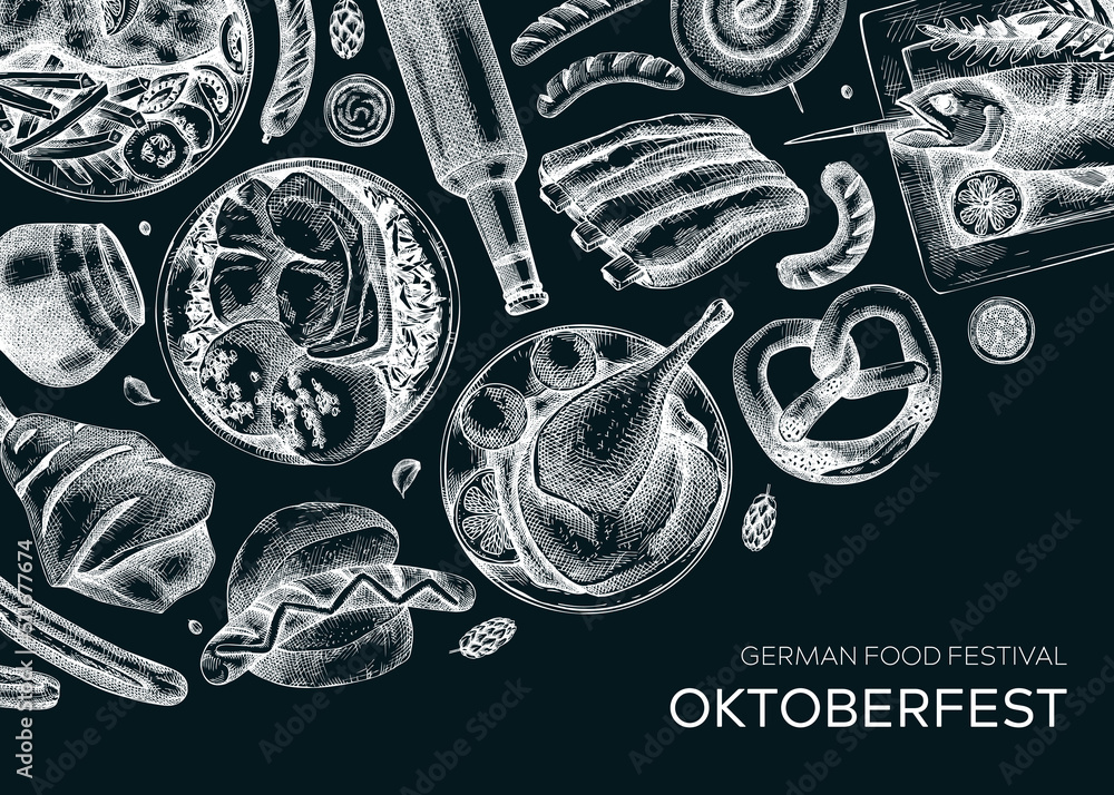 German food background on chalkboard. Oktoberfest menu design. Vector ...