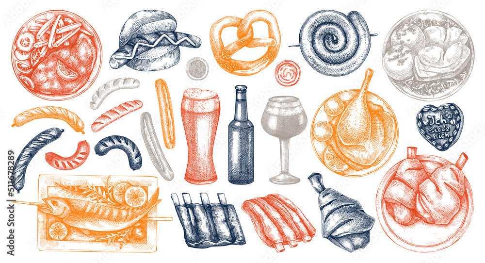 Traditional German food sketch collection in color. Oktoberfest menu ...