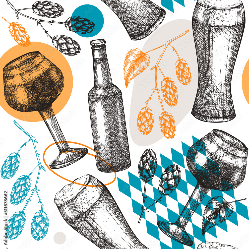 Trendy beer background in collage style. Vector seamless pattern with ...