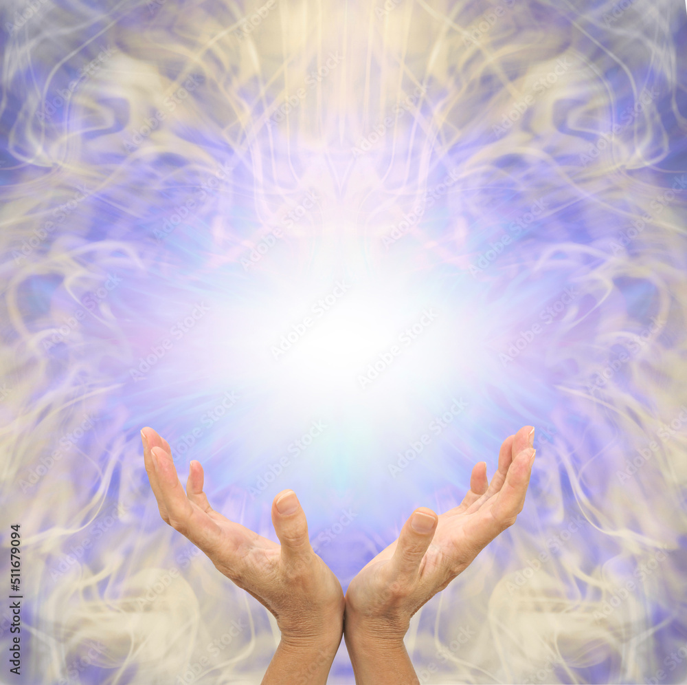 Sensing scalar healing energy message banner - female cupped hands ...