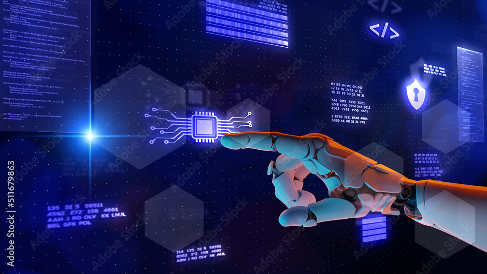 3D humanoid AI robot metaverse cyberspace digital world background ...