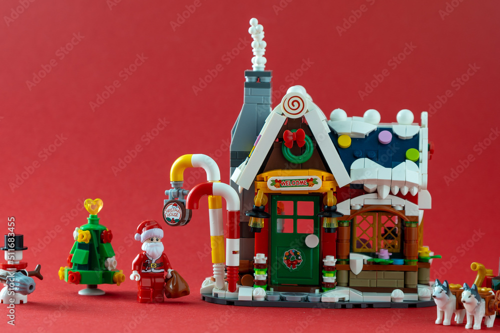 New Year's toy. Winter house of Santa Claus. Lego constructor brick ...