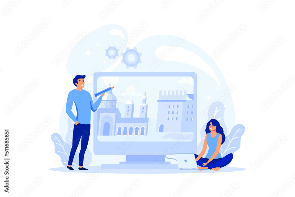 Digital designers team drawing with pen on computer monitor. Man and ...