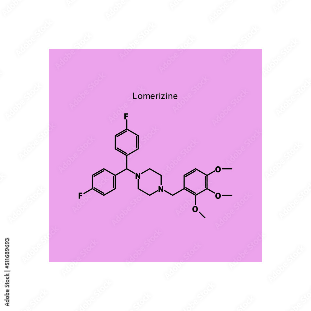 Lomerizine molecule flat skeletal structure, Diphenylpiperazine CCB ...