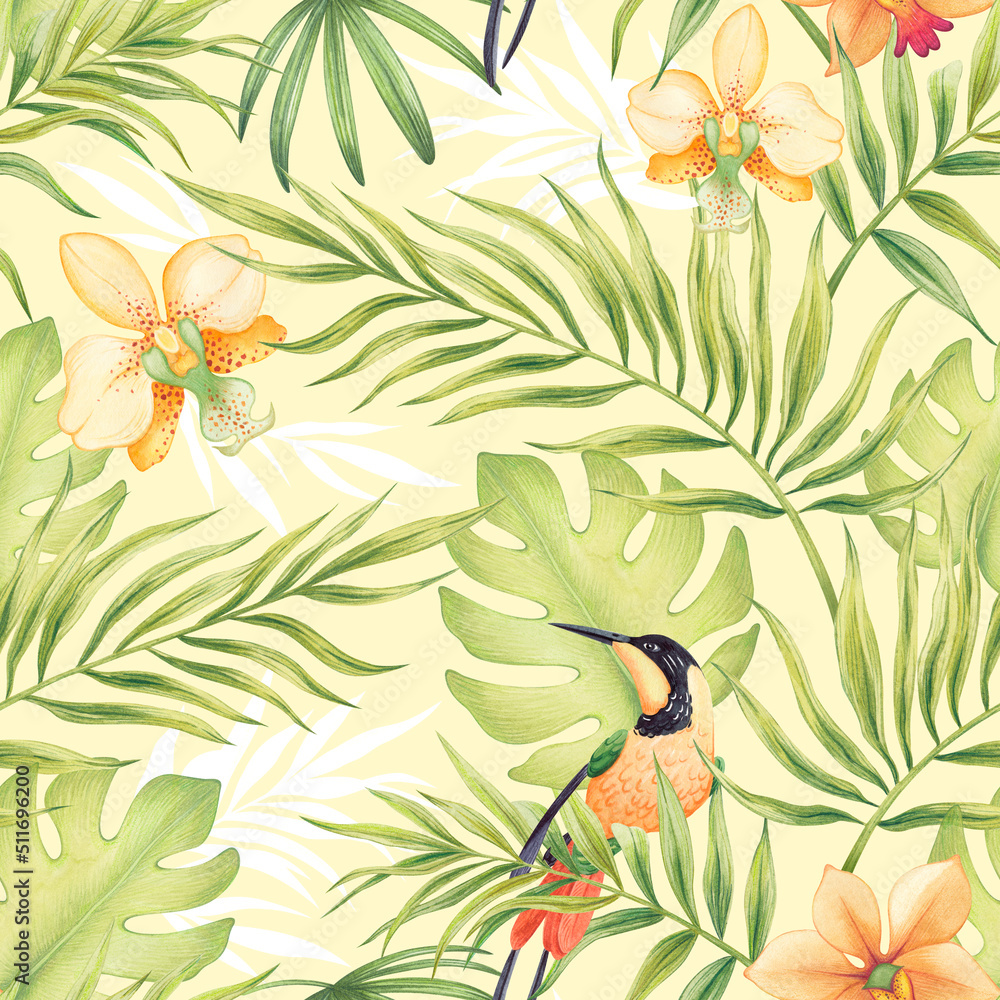 Watercolor seamless tropical pattern on a yellow background. With ...