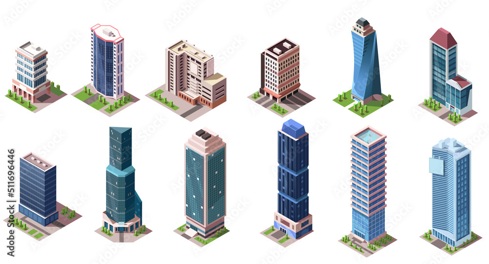 Vetor de Isometric skyscrapers buildings collection. Set of business ... Vetor de Isometric skyscrapers buildings collection. Set of business ...