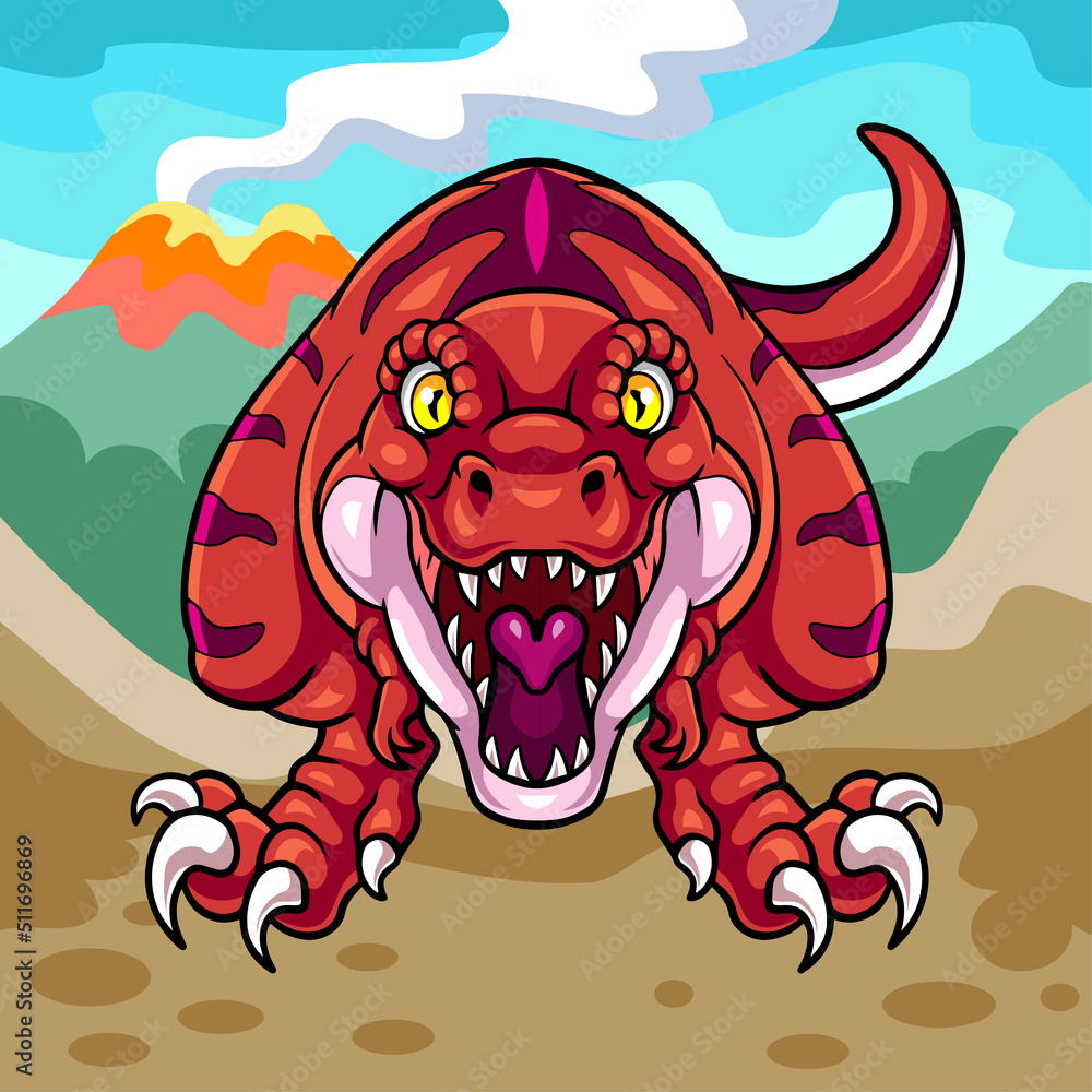 cartoon tyrannosaurus rex mascot isolated on erupting mountain scenery ...