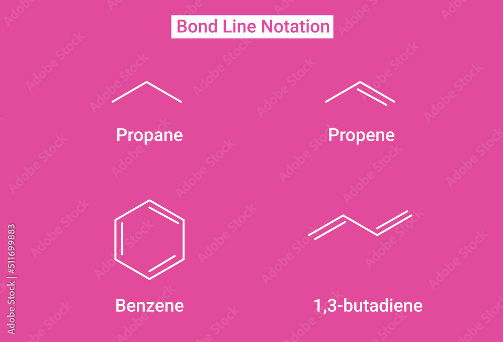 Bond Line Notation of Propane, Propene, Benzene and 1,3 butadiene Stock ...