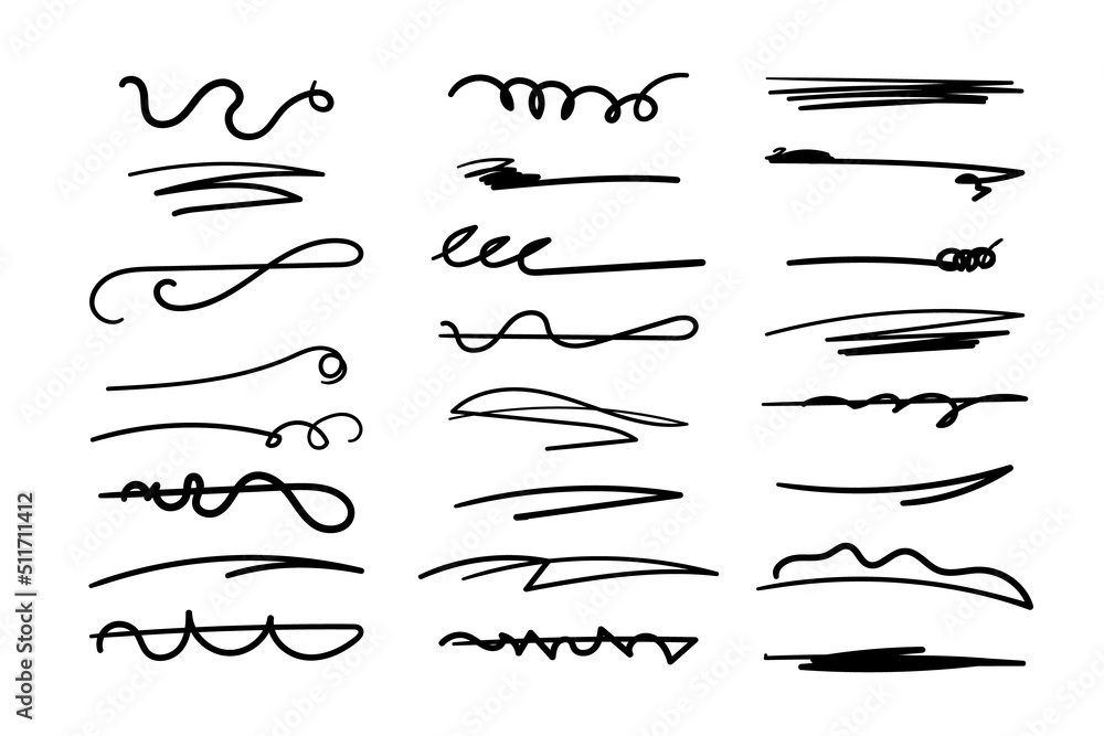 Handmade lines set, brush lines, underlines. Hand-drawn collection of ...