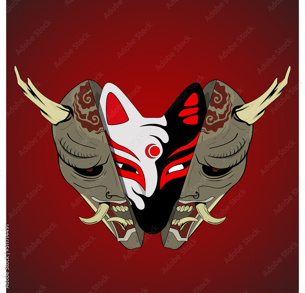 Oni Devil and Kitsune Traditional Japanese Demon Mask with Venom on ...