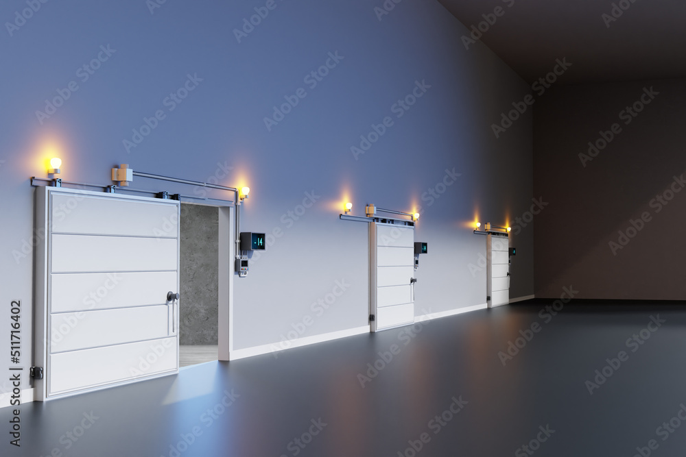 Wall with gates to cold storage. Warehouse equipped with freezing ...
