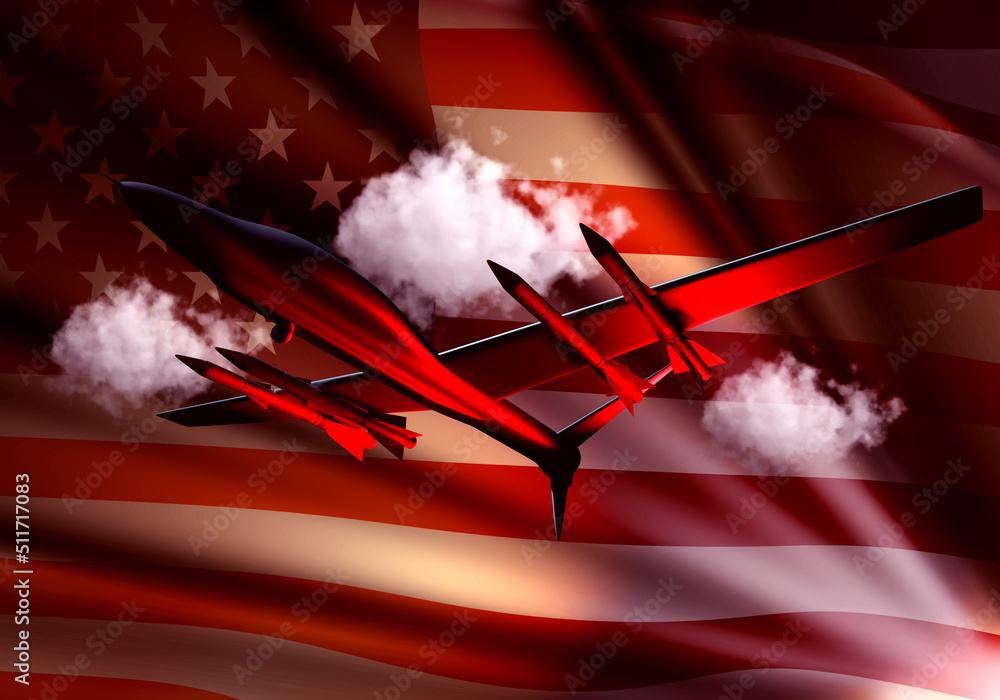 Army UAV. Unmanned aerial vehicle. Military UAV in front of USA flag ...