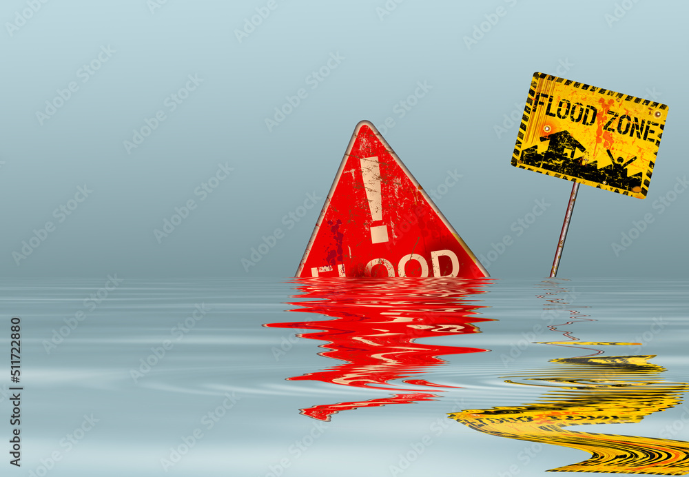 flood zone warning sign,climate change, inundation, flooding concept ...