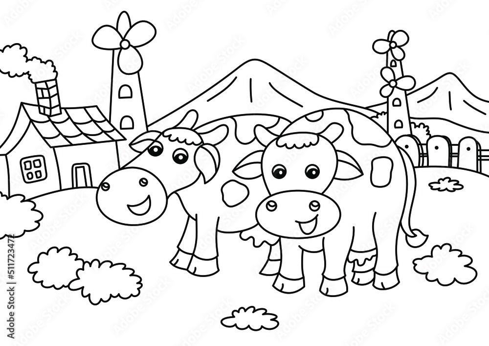 cow in the garden cute cartoon coloring page for kids vector Stock ...