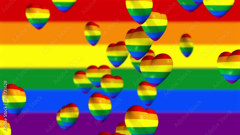 LGBTQ Pride Flag background with floating rainbow colored heart shaped balloons. Full HD and ...