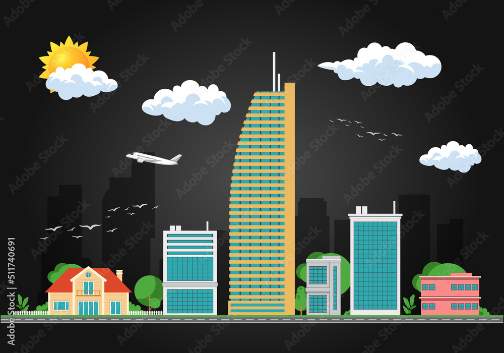 Company Building and Warehouse Building, Vector Illustration on Black ...