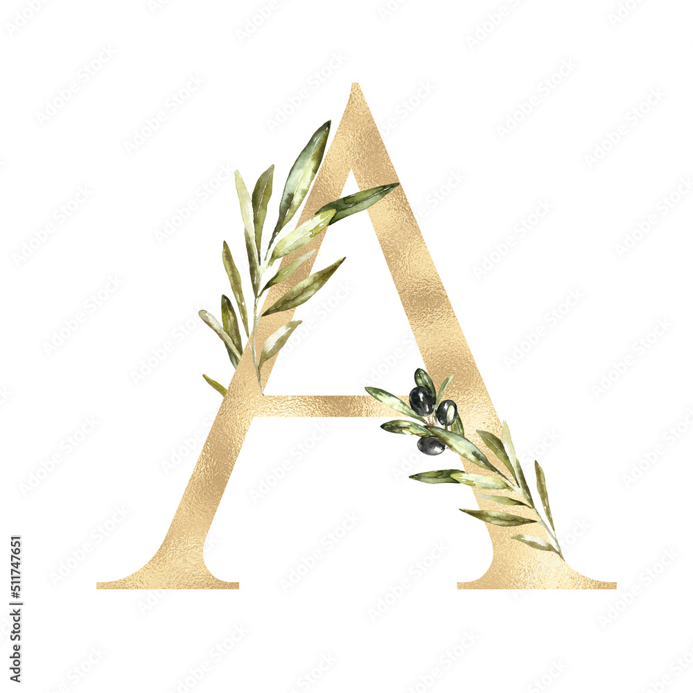 Watercolor Gold Olive Floral Alphabet letter A with flowers. Feminine ...