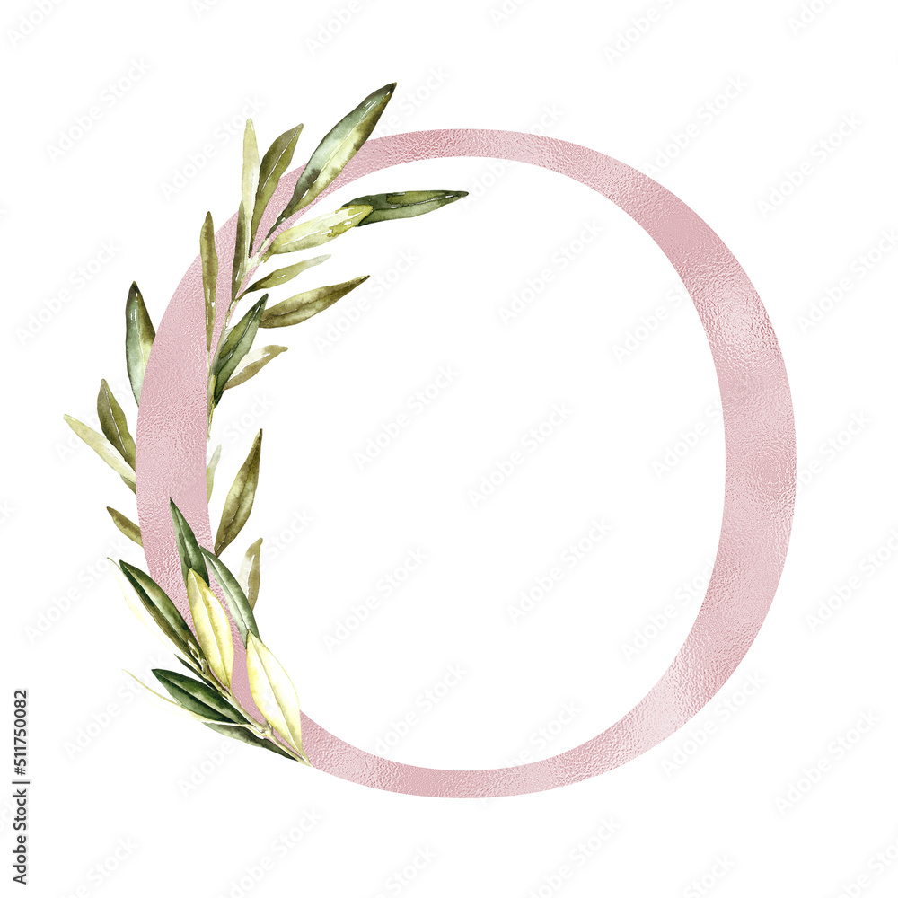 Watercolor Rose Gold Olive Floral Alphabet letter O with flowers ...