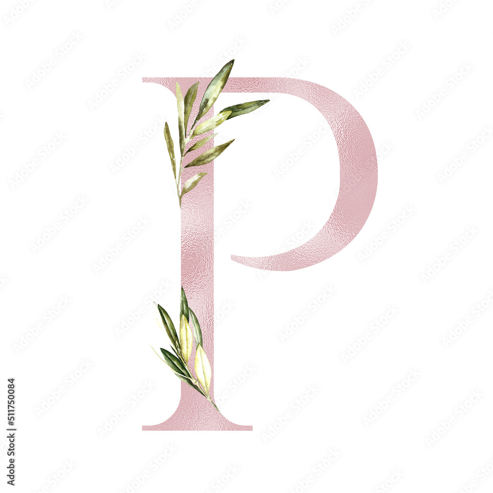 Watercolor Rose Gold Olive Floral Alphabet letter P with flowers ...