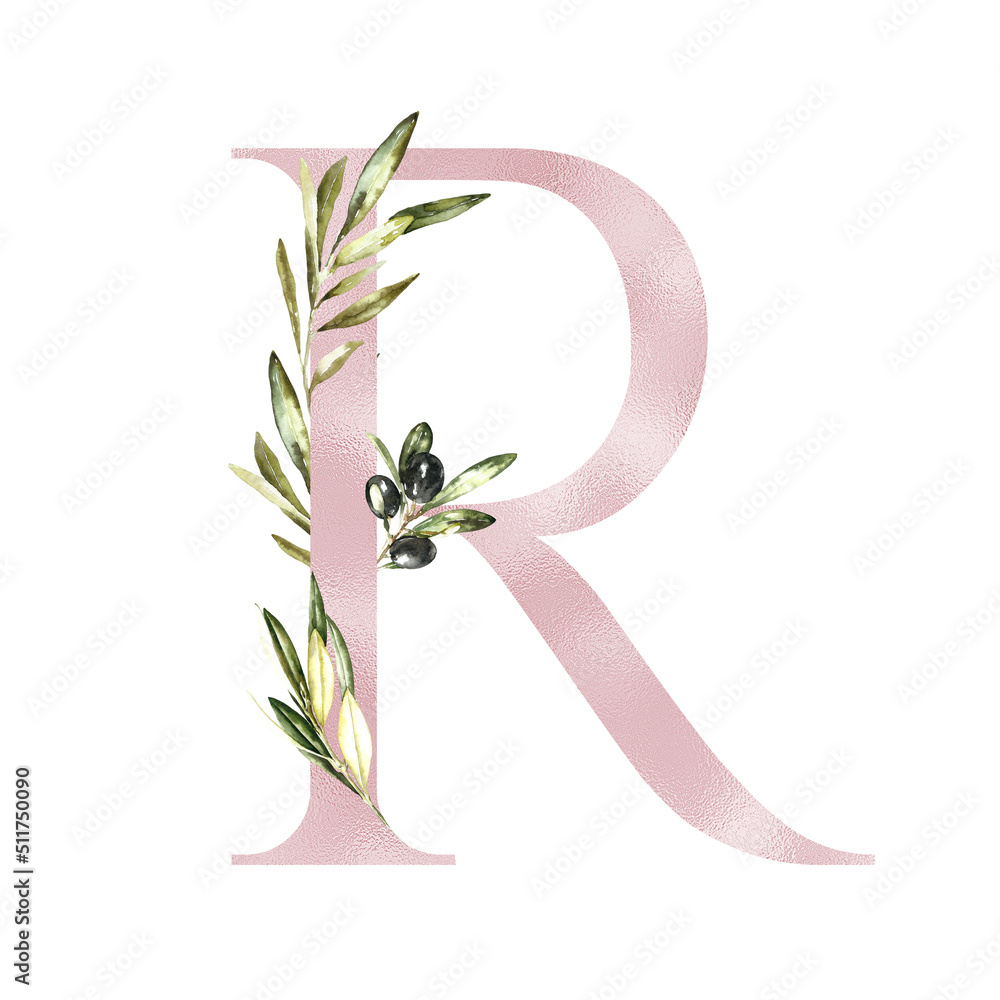 Watercolor Rose Gold Olive Floral Alphabet letter R with flowers ...