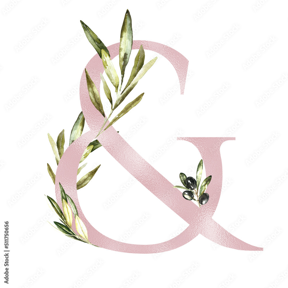 Watercolor Rose Gold Olive Floral Alphabet letter & with flowers ...