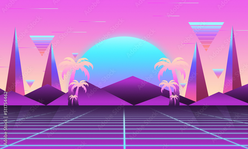 Poster Synthwave and retrowave background, vaporwave 80's landscape ...