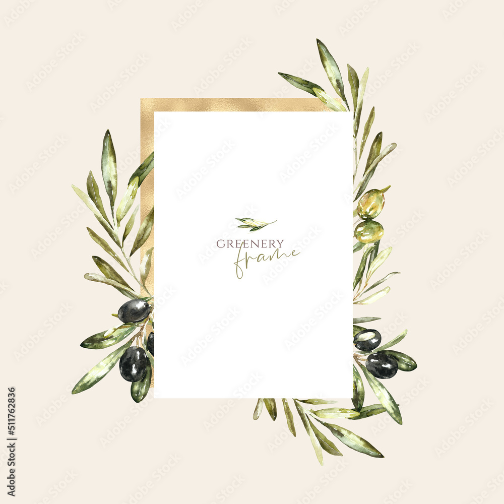 Watercolor Gold Olive floral frame illustration, Botanical greenery ...